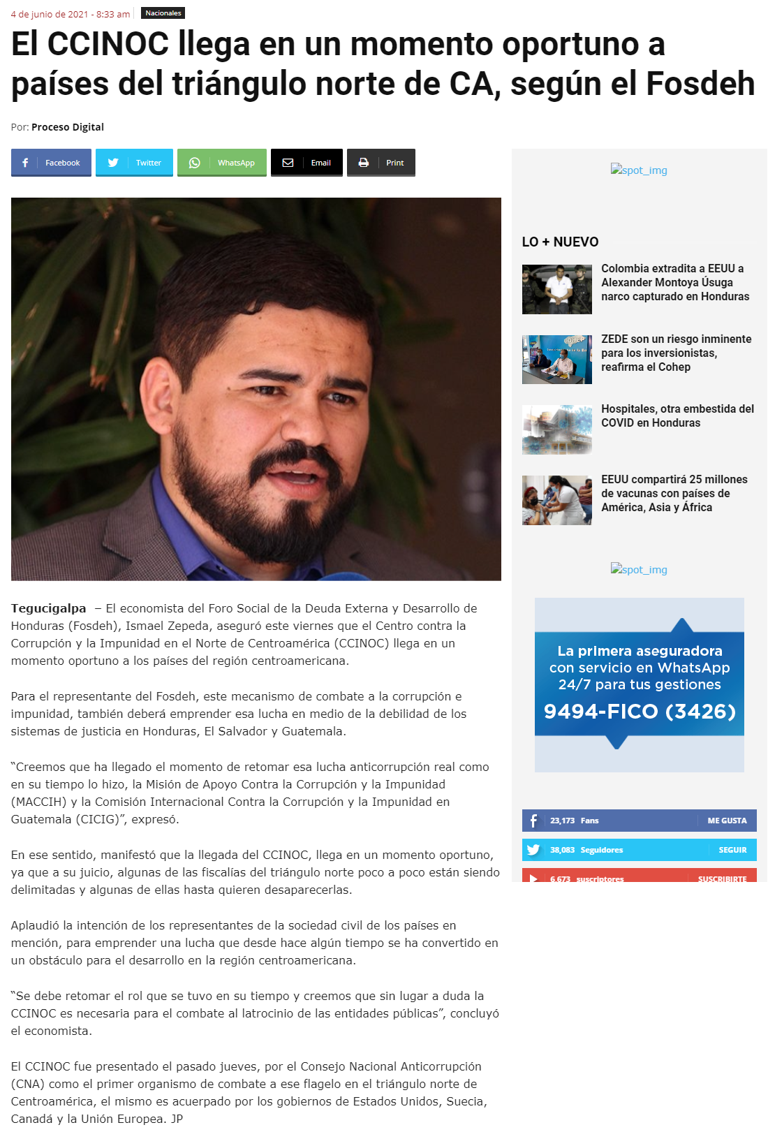 SEPROC - EL CCINOC LLEGA EN UN MOMENTO OPORTUNO A PAÍSES DEL TRIÁNGULO NORTE DE CA, SEGÚN EL FOSDEH